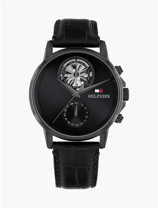 Tommy Hilfiger 40mm Leather Strap Dress Watch - Black