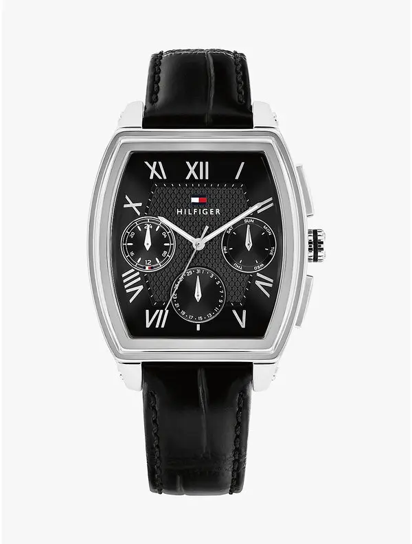 Tommy Hilfiger Tonneau Leather Strap Multifunction Watch - Black