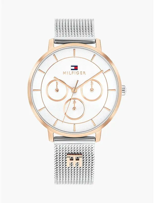 Tommy Hilfiger 36mm Monogram Accent Mesh Watch - Silver White