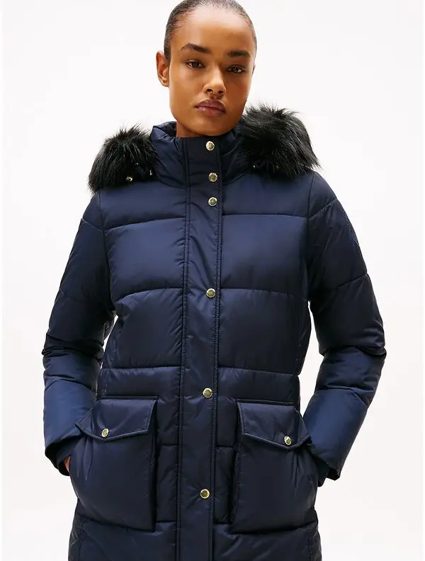 Tommy Hilfiger Quilted Hooded Puffer Coat With Faux Fur Trim