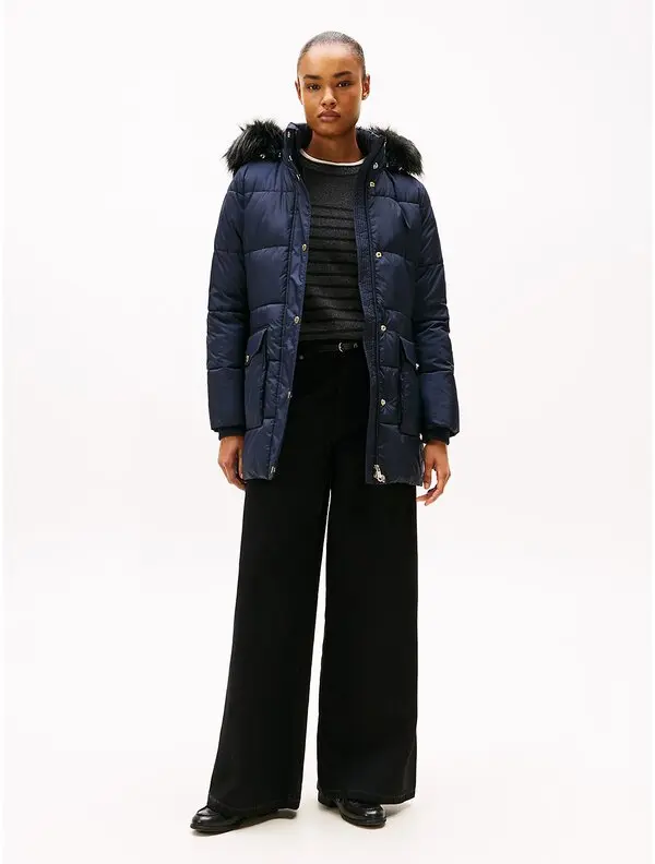 Tommy Hilfiger Quilted Hooded Puffer Coat With Faux Fur Trim