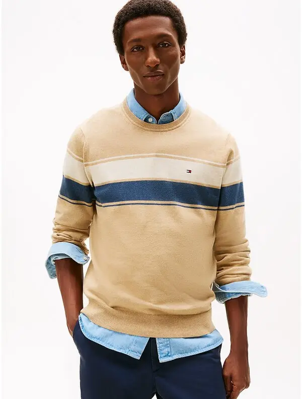 Tommy Hilfiger Striped Crewneck Sweater - Beige