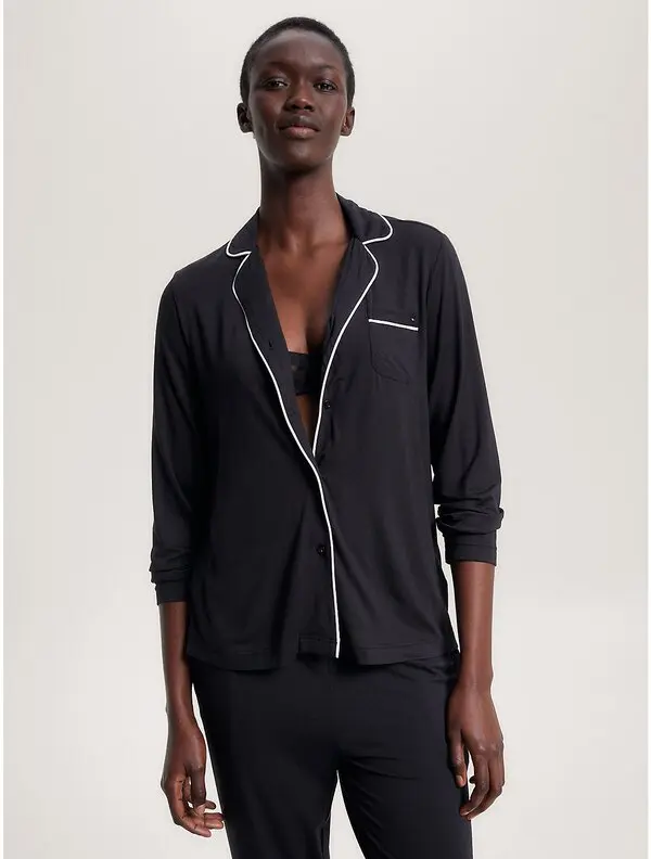 Tommy Hilfiger Piped Trim Pajama Shirt - Black