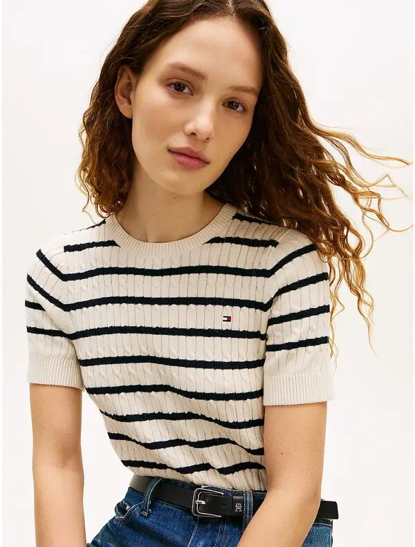 Tommy Hilfiger Short Sleeve Cable Knit Sweater - Sugarcane