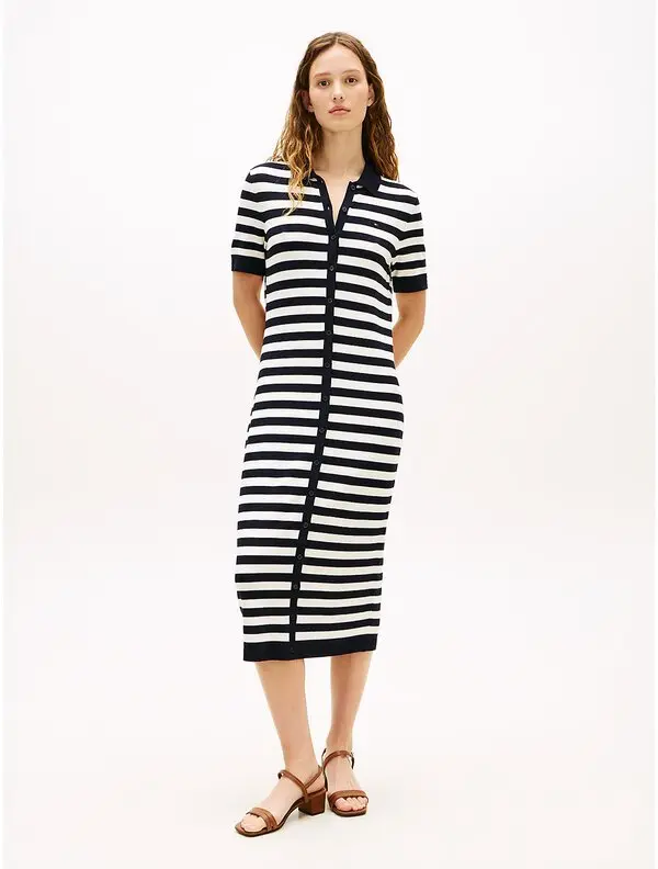 Tommy Hilfiger Striped Button-up Polo Sweater Dress - Navy