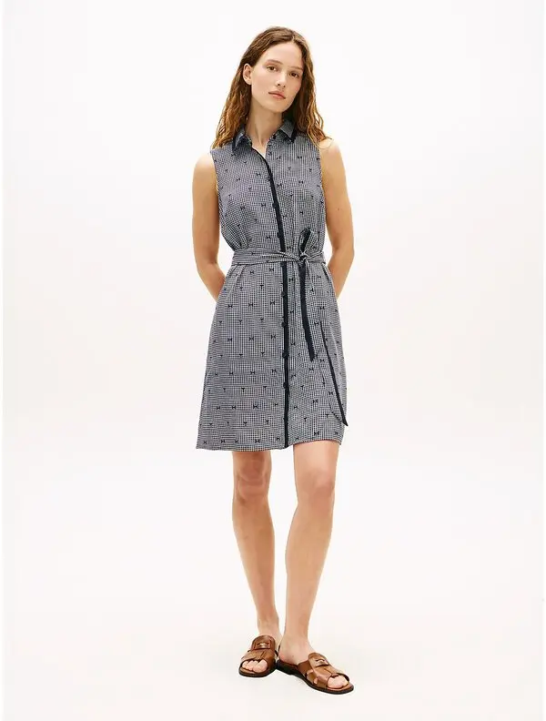 Tommy Hilfiger Sleeveless Crepe Shirtdress With Th Monogram Grid Print