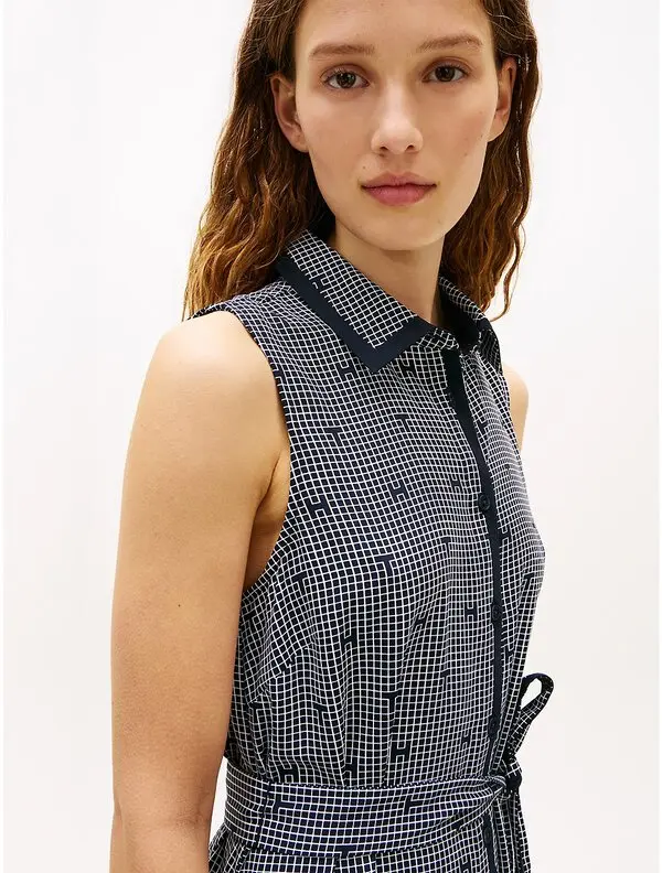 Tommy Hilfiger Sleeveless Crepe Shirtdress With Th Monogram Grid Print