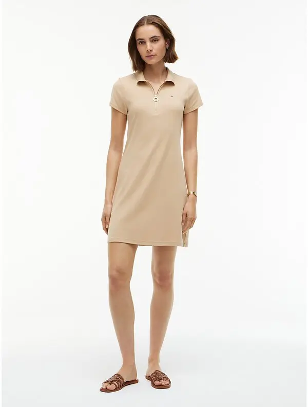 Tommy Hilfiger Ribbed Cotton Zip Polo Dress - Clayed Pebble