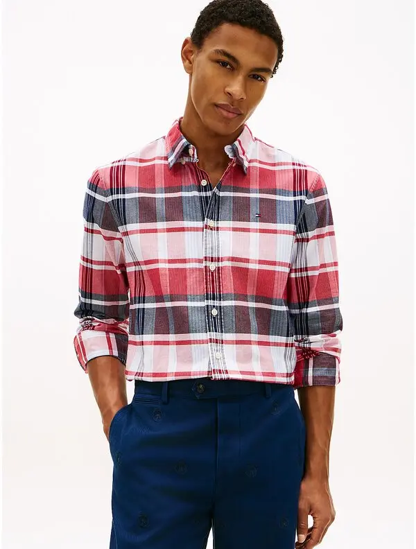 Tommy Hilfiger Regular Fit Plaid Stretch Oxford Shirt - Primary Red Multi