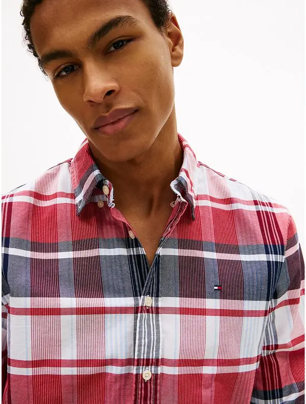 Tommy Hilfiger Regular Fit Plaid Stretch Oxford Shirt - Primary Red Multi
