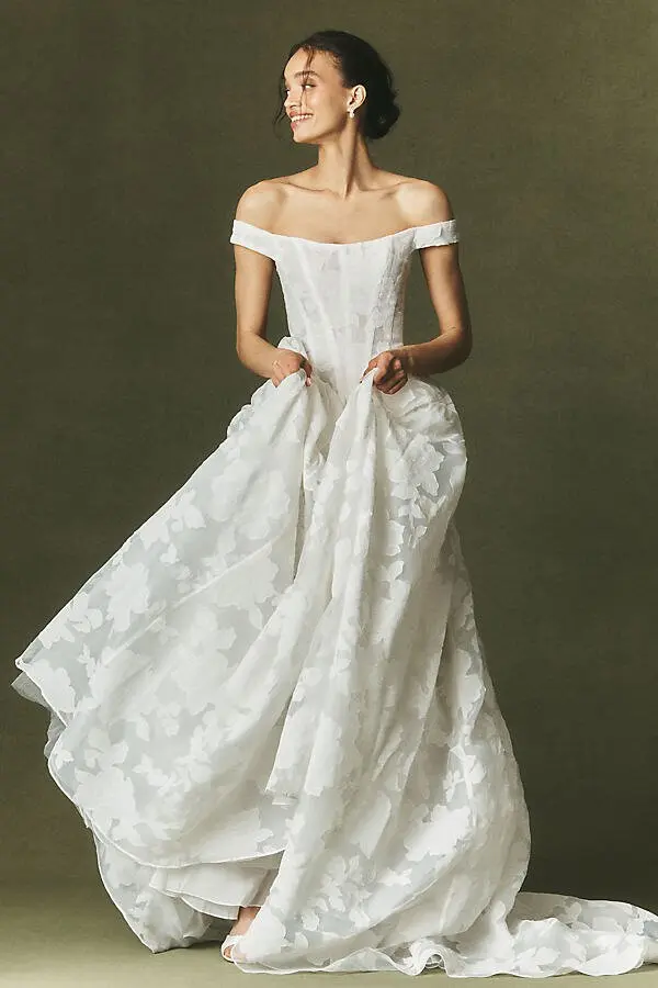 Jenny Yoo Floral Jacquard Organza Off-the-shoulder Gown - Ivory