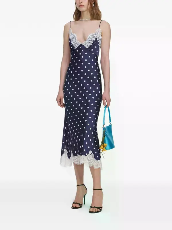 SELF-PORTRAIT Polka-dot Lace-trim Midi Dress - Blue