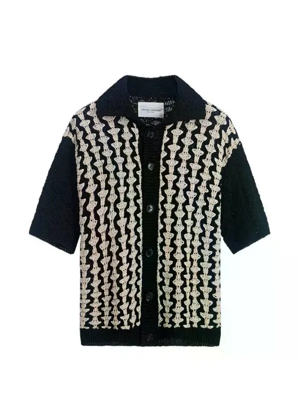 ROBERTO COLLINA Crochet Knit Geometric Pattern Short Sleeve Shirt