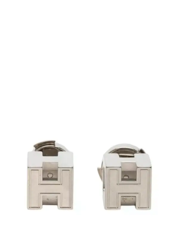 Hermès Palladium Plated Cage Dh Cube Push Back Earrings - Silver