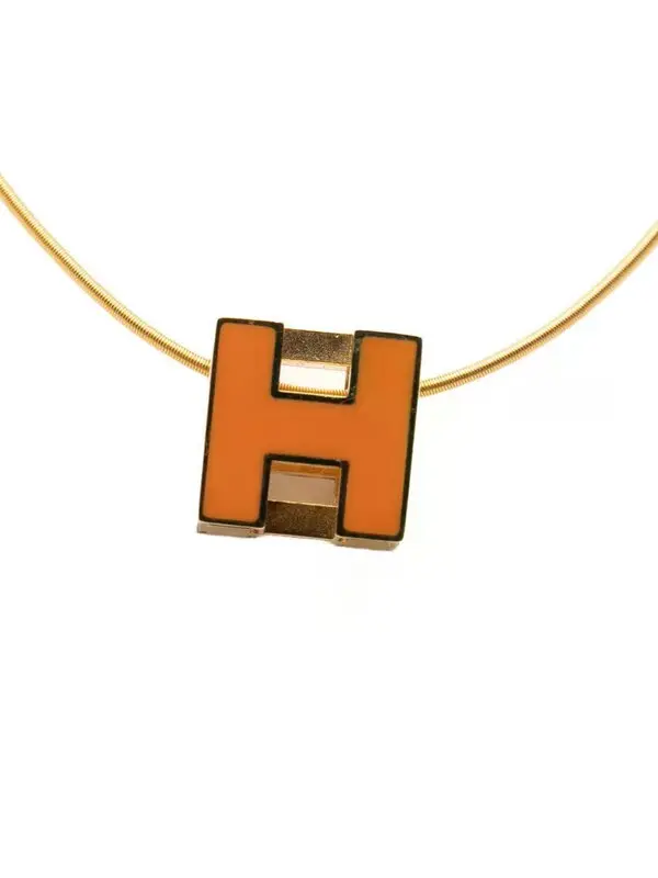 Hermès Gold Plated Lacquered Cage D'h Pendant Necklace - Orange
