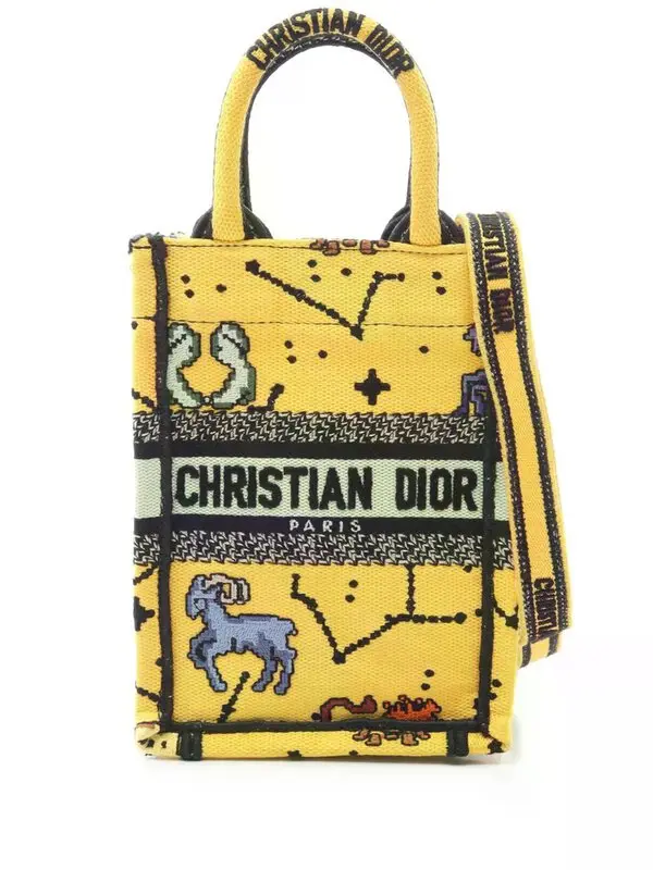 Dior Mini Embroidered Canvas Vertical Book Tote Satchel - Yellow