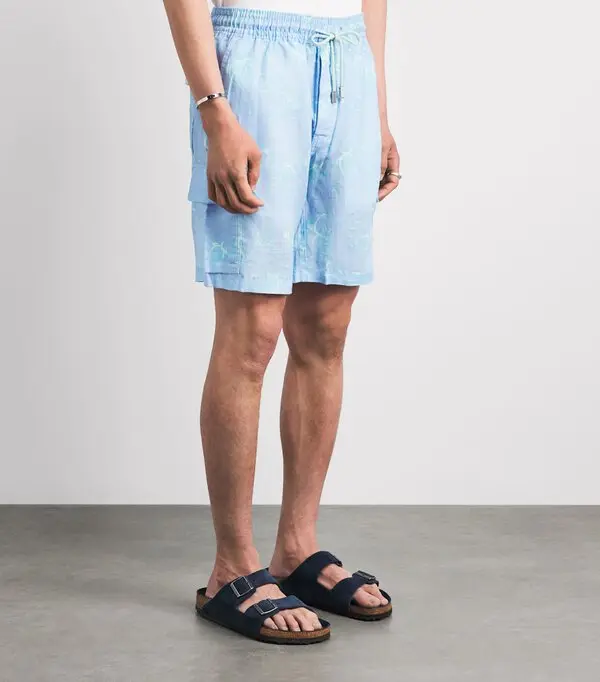 Vilebrequin Linen Turtle Print Cargo Bermuda Shorts - Blue