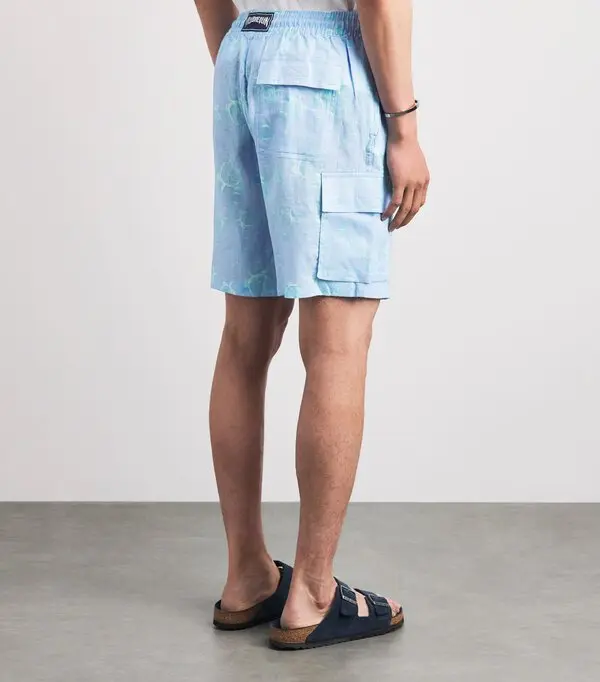Vilebrequin Linen Turtle Print Cargo Bermuda Shorts - Blue