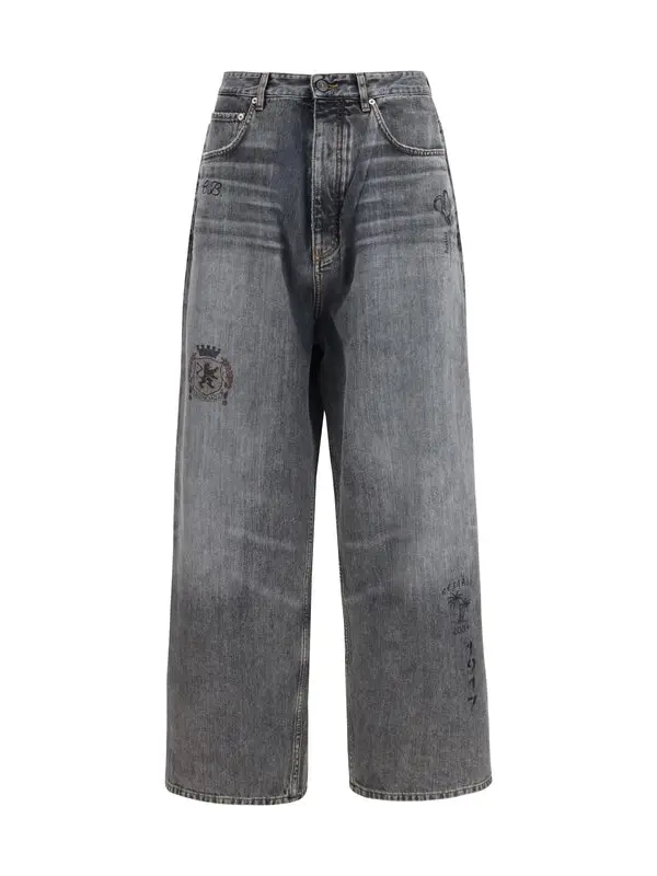Balenciaga Tattoo Baggy Cotton Denim Pants - Gray