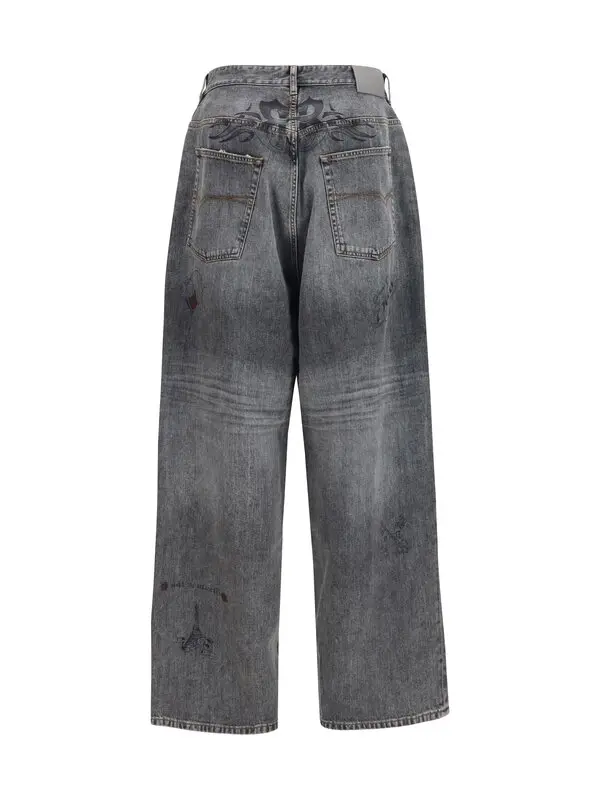 Balenciaga Tattoo Baggy Cotton Denim Pants - Gray