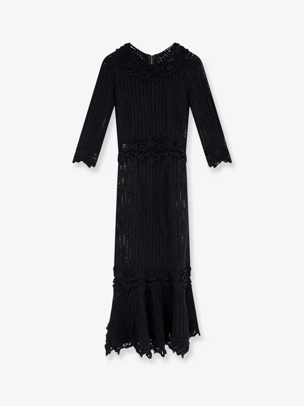 Dolce & Gabbana Black Crochet Long Dress With Floral Trim