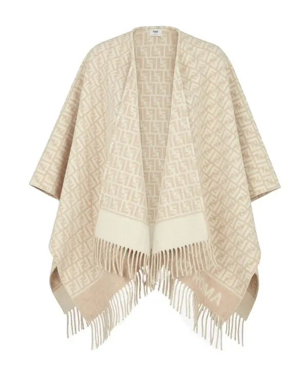 Fendi Ff Jacquard Fringed Poncho - Light Brown