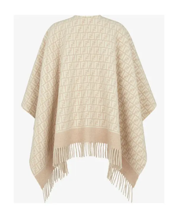 Fendi Ff Jacquard Fringed Poncho - Light Brown