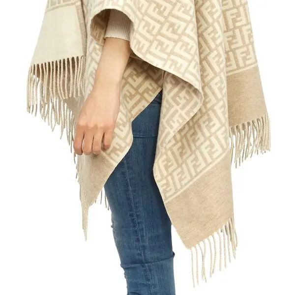 Fendi Ff Jacquard Fringed Poncho - Light Brown
