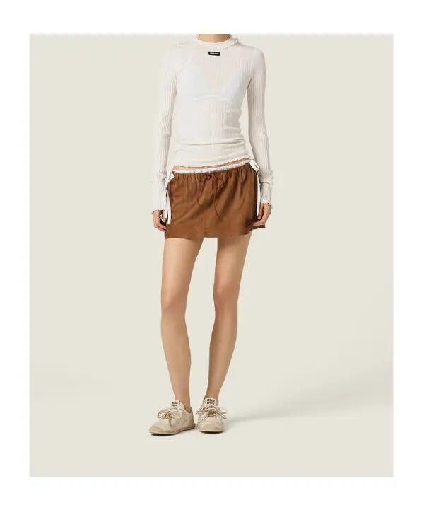 Miu Miu Long-sleeved Ribbed T-shirt With Neck Ruching