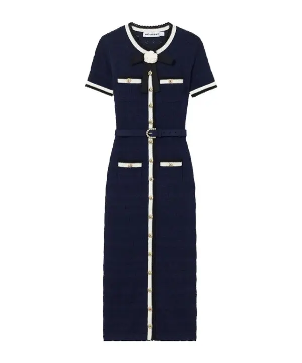 SELF-PORTRAIT Knit Midi Dress With Contrast Trims And Floral Corsage - Navy