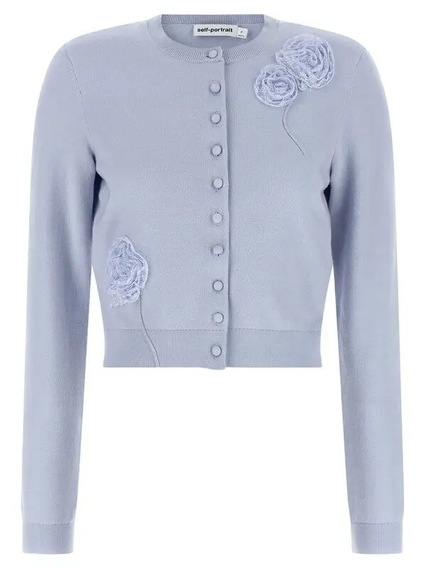 SELF-PORTRAIT Cropped Cardigan With Floral Appliqu - Blue