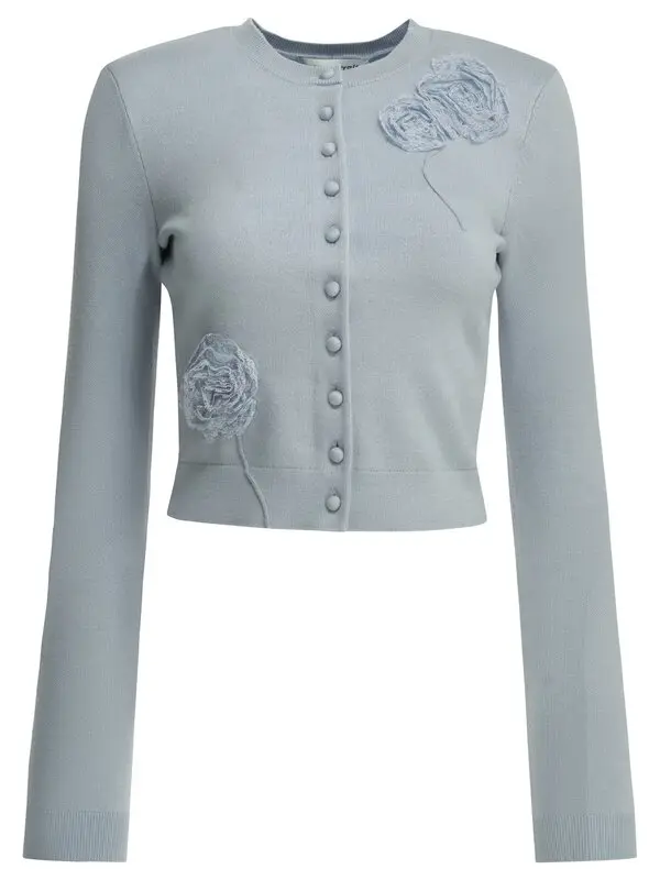 SELF-PORTRAIT Cropped Cardigan With Floral Appliqu - Blue