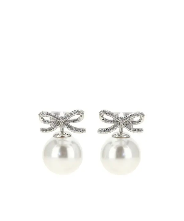 SELF-PORTRAIT Crystal Bow And Faux Pearl Drop Earrings - Gray
