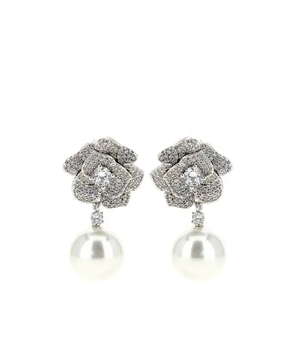 SELF-PORTRAIT Crystal Flower Faux Pearl Drop Earrings - Gray