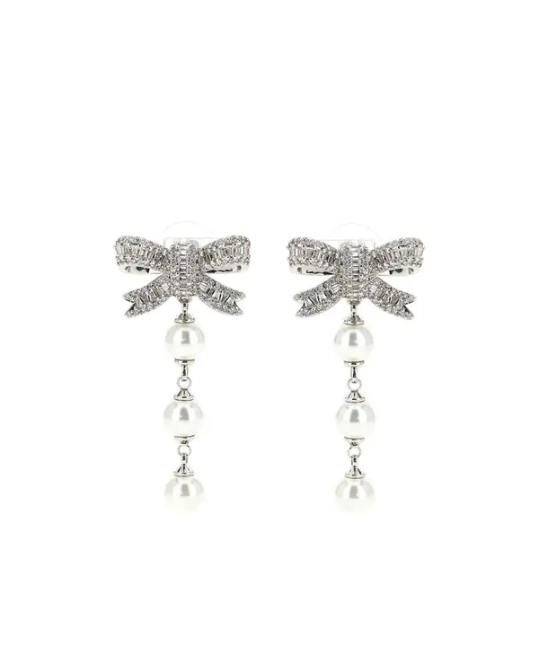 SELF-PORTRAIT Crystal Bow Pearl Drop Earrings - White