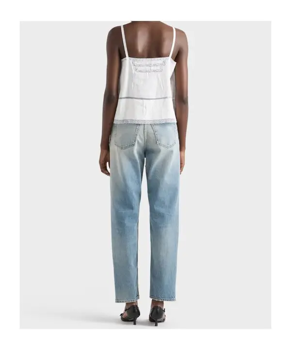 Prada Linen Top With Embroidered Logo And Lace Trim