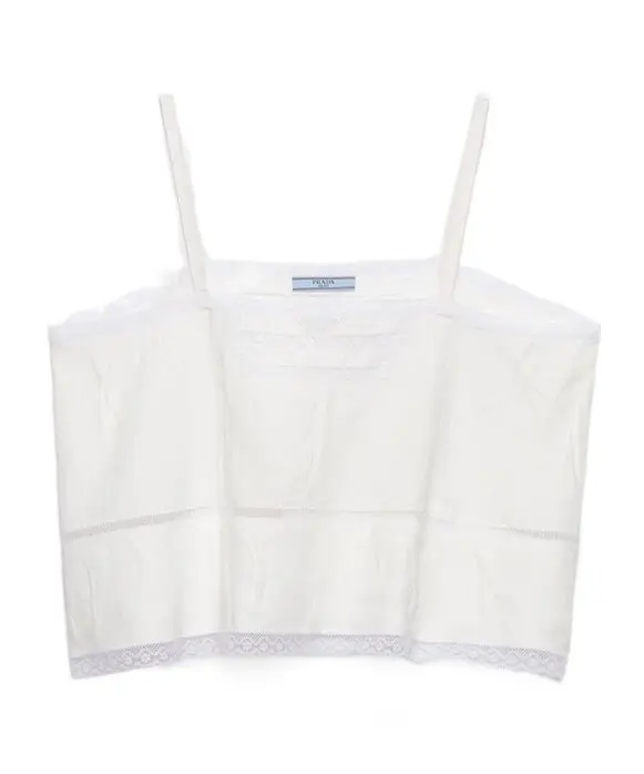 Prada Linen Top With Embroidered Logo And Lace Trim - White