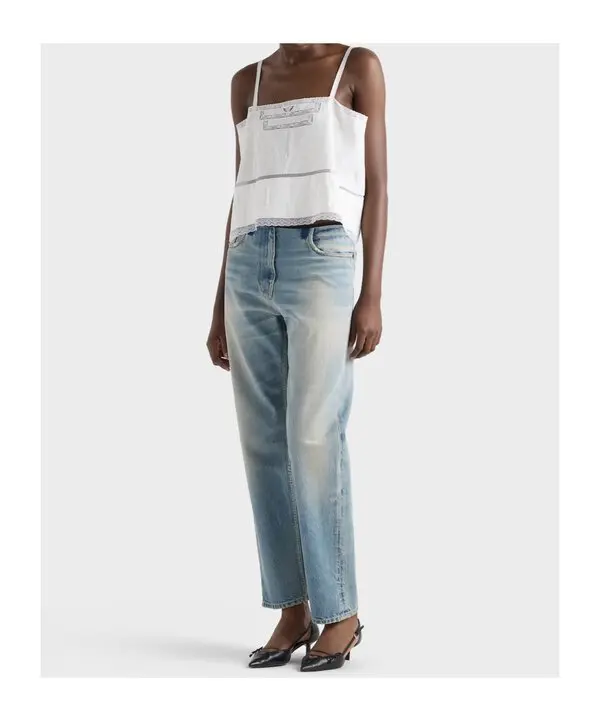 Prada Linen Top With Embroidered Logo And Lace Trim