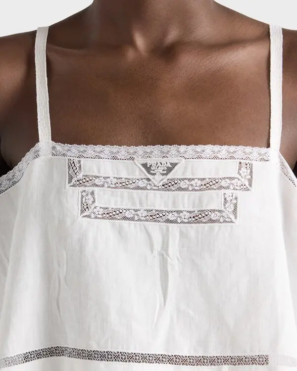 Prada Linen Top With Embroidered Logo And Lace Trim