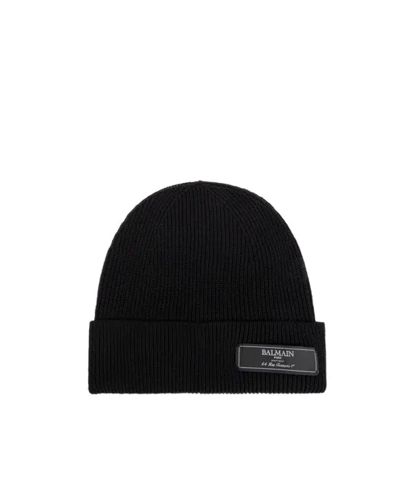 Balmain Logo Patch Ribbed Beanie - Black