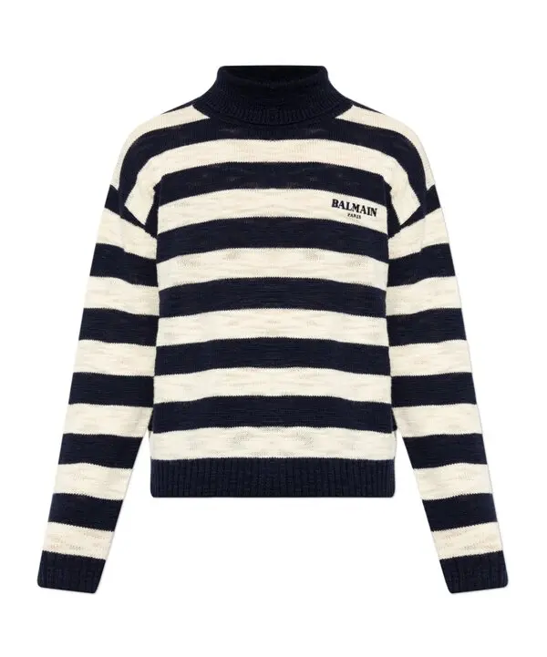 Balmain Striped Logo Turtleneck Knitted Sweater - Navy