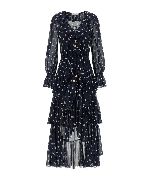SELF-PORTRAIT Polka Dot Georgette Ruffled Maxi Dress - Navy