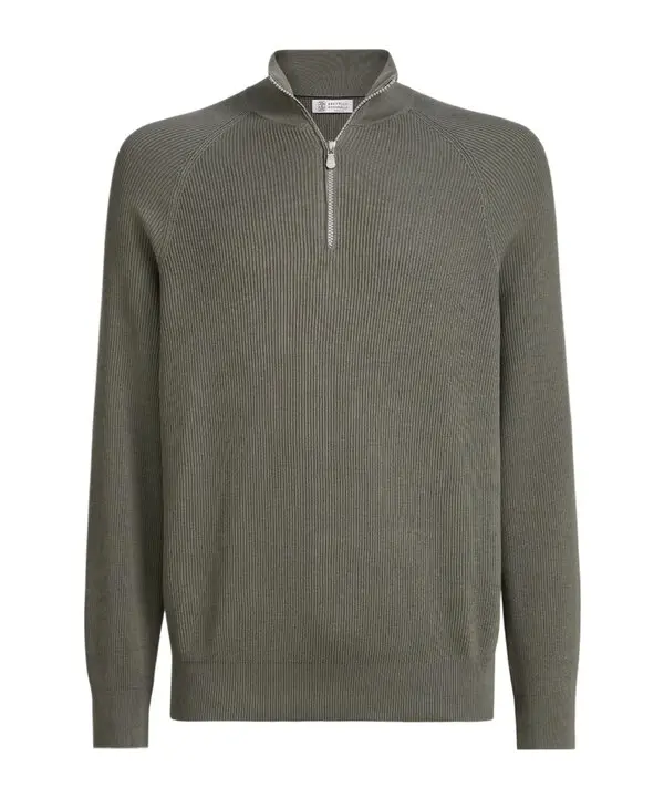 Brunello Cucinelli High Neck Knitted Jumper With Zipper Closure - Khaki