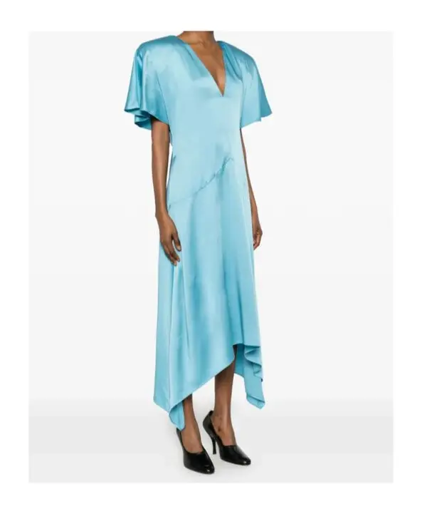 Stella McCartney V-neck Satin Dress With Ruffled Sleeves And Asymmetrical Hem
