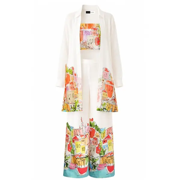 RICHA SHARMA Handcrafted Linen Three-piece Set With Cityscape Print