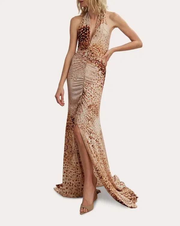 FRANCESCA MIRANDA Jersey Ruched Halter Gown
