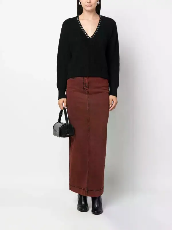 Patrizia Pepe Ribbed-knit V-neck Sweater With Metal Detail - Black