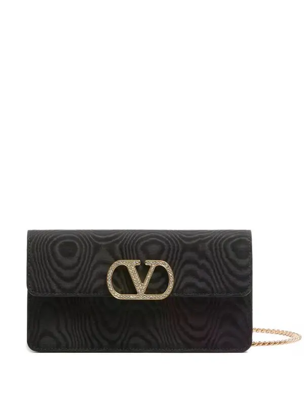 Valentino Garavani Vlogo Signature Chain Wallet In Moiré Fabric With Jewel Logo - Black