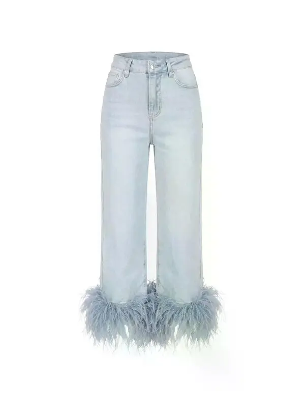TWENTY FOURHAITCH Cropped Jeans With Feather Trim - Blue