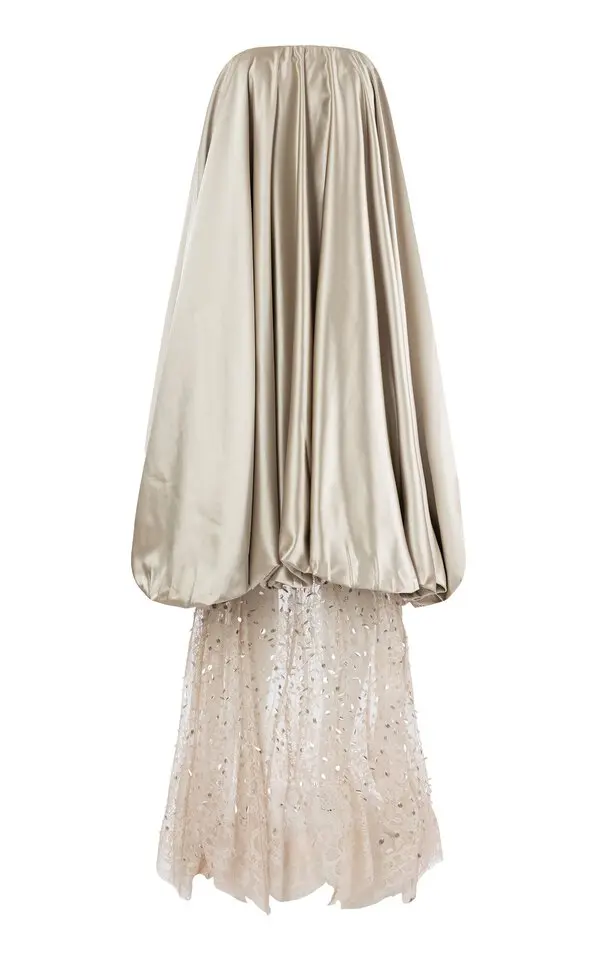 LA FUORI Champagne Lace & Duchesse Satin Gown - Silver
